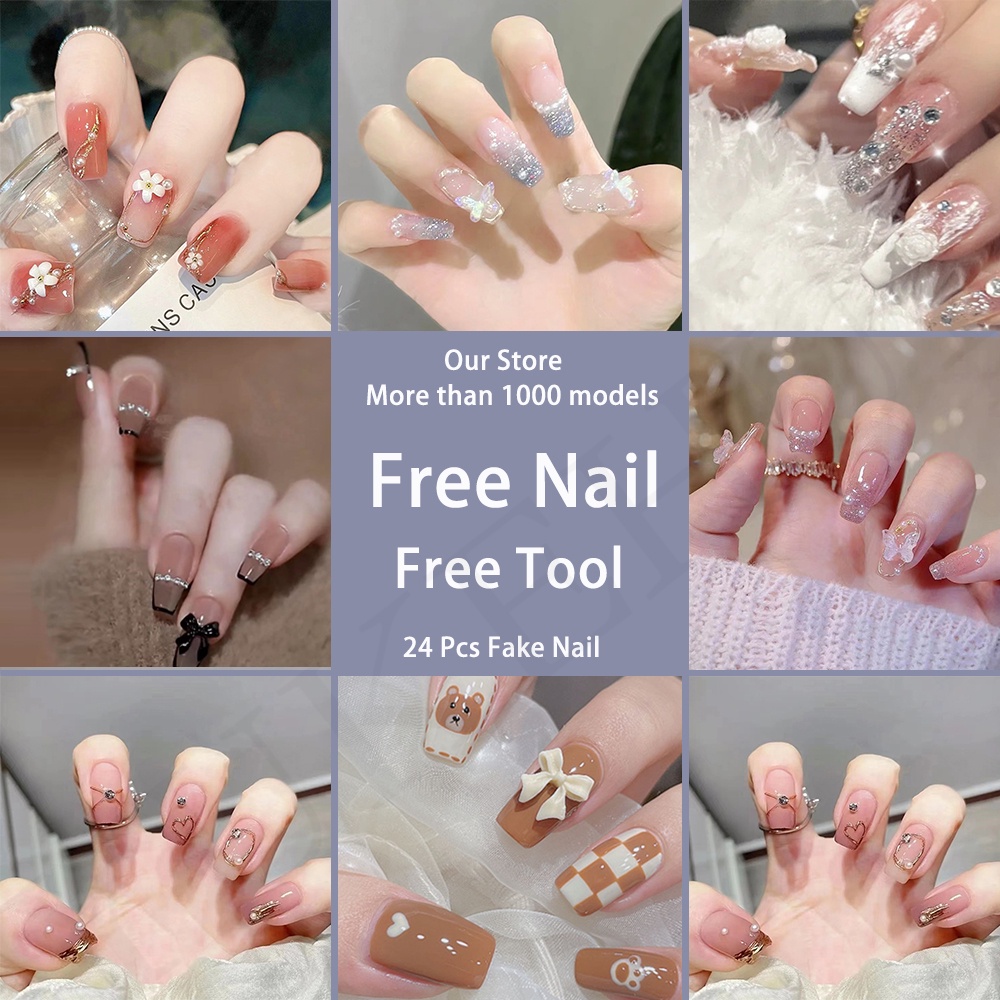 YUKEHUI 24 pcs Artificial Nails With Glue Set Fake Nails Set With Glue ...
