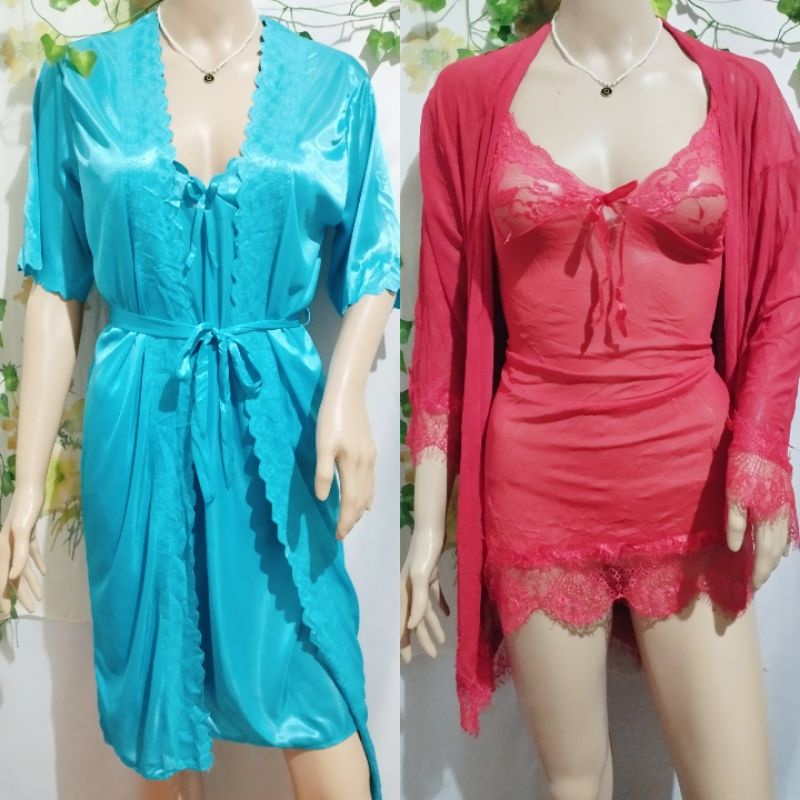 Thrifted/ Preloved/ Ukay Silk Satin Lace Terno Dress and Robe | Shopee Philippines