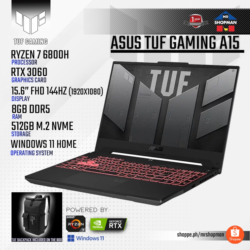 Asus TUF Gaming A15 Ryzen 7 6800H | RTX 3060 | 8Gb DDR5 | 512Gb Nvme FA507RM-HN022W Gaming ...