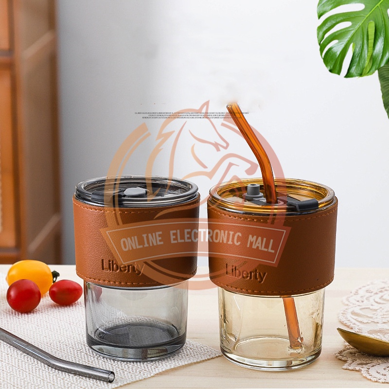 BZ 450ML Glass Straw Cup Coffee Mug with Lid Tumbler Hot Cold Milk Tea ...