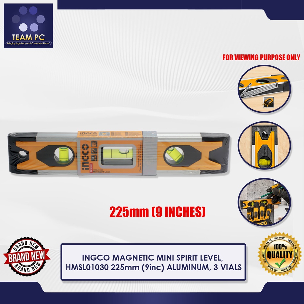 INGCO MAGNETIC MINI SPIRIT LEVEL, HMSL01030 225mm (9inc) ALUMINUM, 3 ...