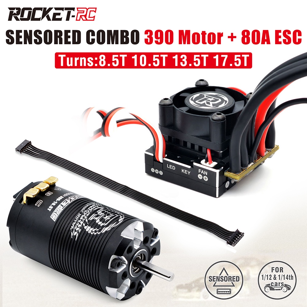 Rocket-RC Supersonic 390 Sensored Brushless Motor and 80A ESC for 1/12 1/14 RC Off-road Truck ...