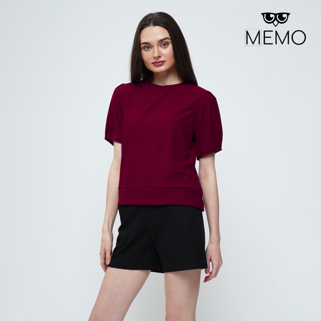 Memo Textured Puff Sleeve T-Shirt For Women (Maroon) | Shopee Philippines