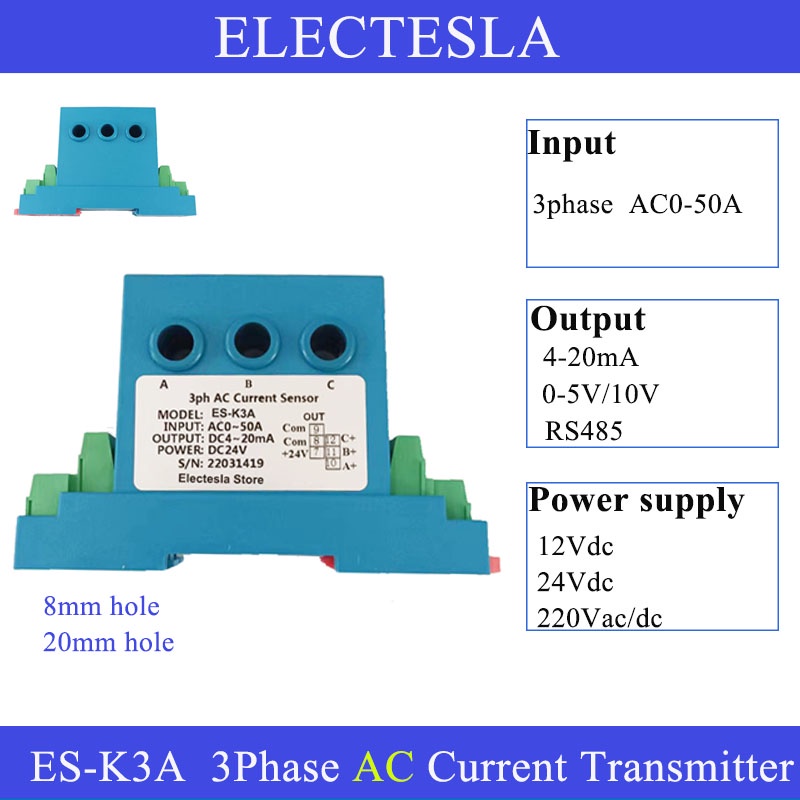 8mm Hole AC Current Sensor 3Phase Analog Signal Converter RS485 Current ...