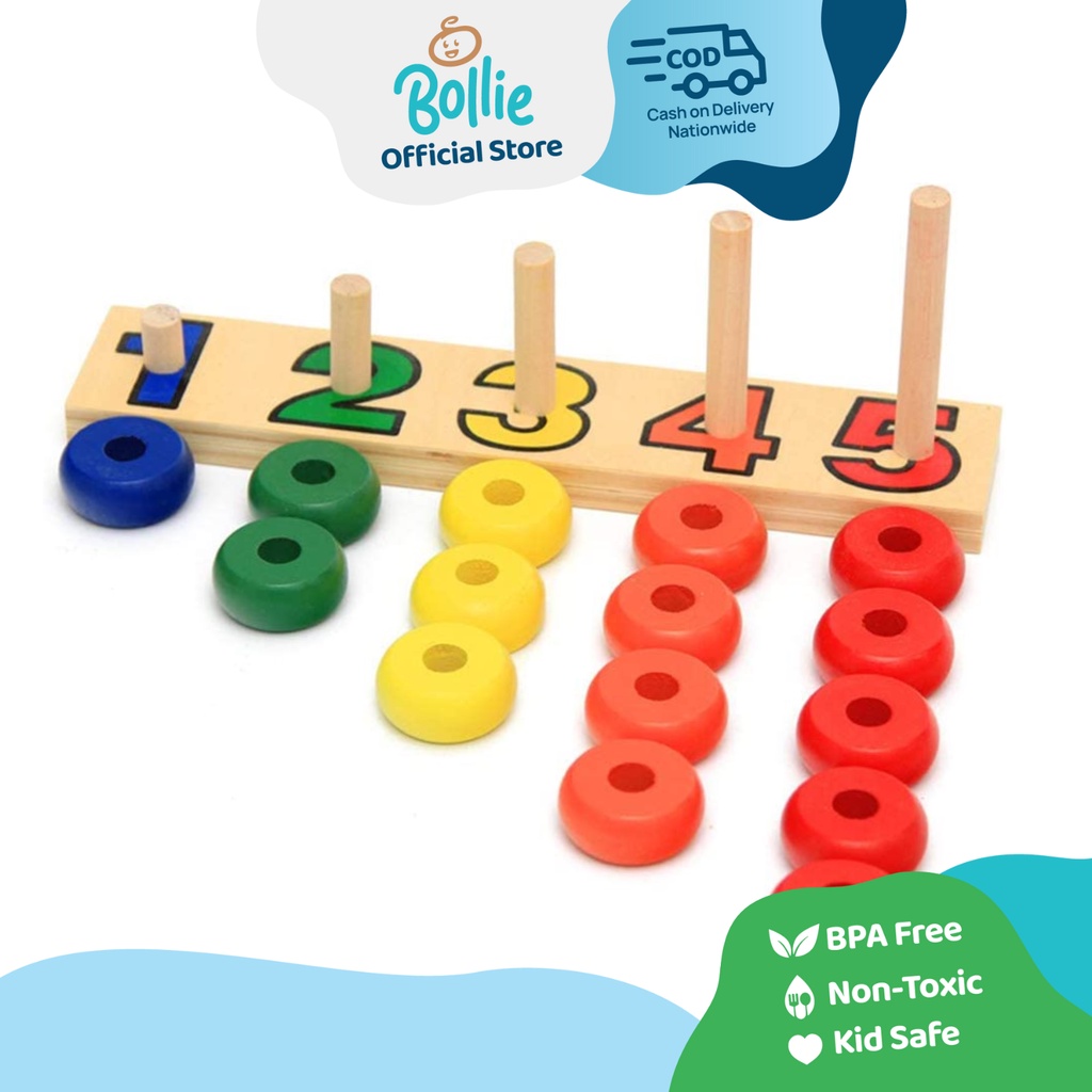 Bollie Baby Numbers 1-5 Wooden Counting Rings Toy (Montessori Material ...