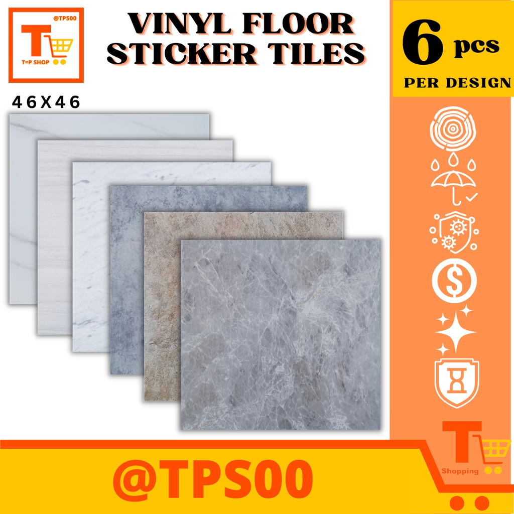 6PCS/SET FLOOR STICKER VINYL TILES "46x46" (SQUARE) WATERPROOF WITH ...