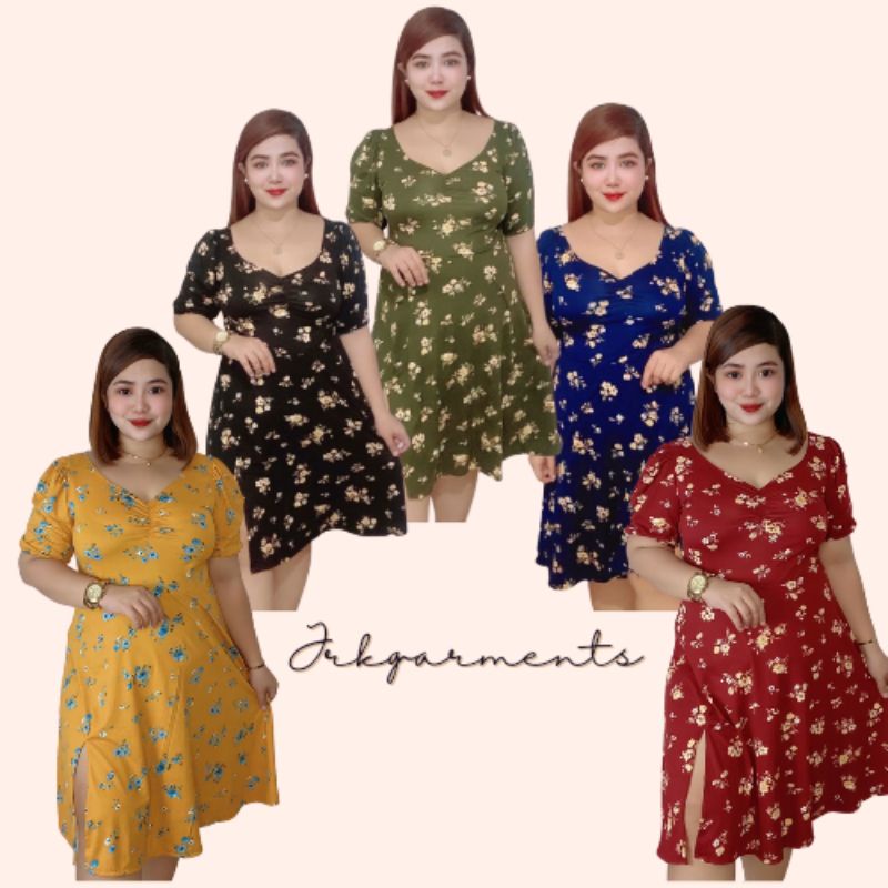 Plus Size Rhea Rutched Floral Slit Dress (Garter waist) | Shopee ...