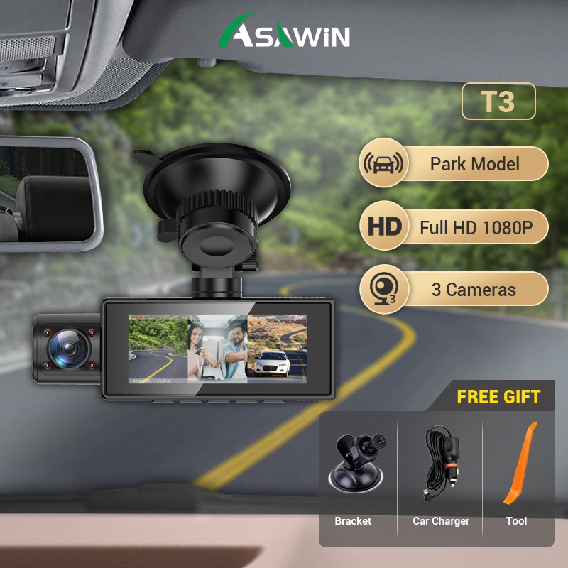Asawin T3 3 Channels Dash Cam 3 Ways Car Camera Front And Rear Inside 3 