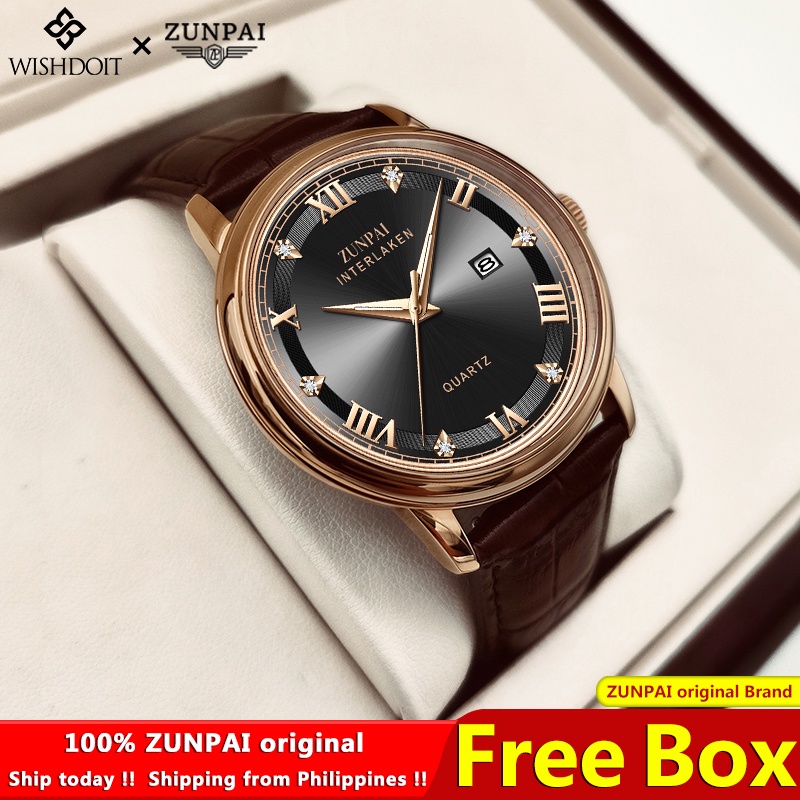 ZUNPAI Watch for Men Original Waterproof Leather Strap Silver/Gold ...