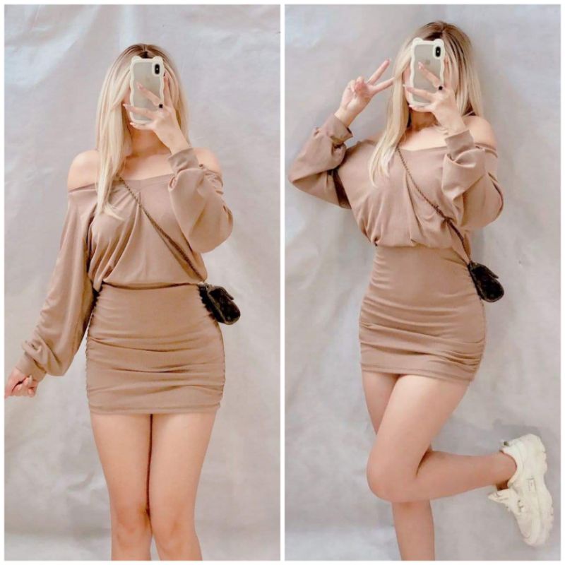 V Neck Off Shoulder Bodycon Long Sleeve Dress | Shopee Philippines