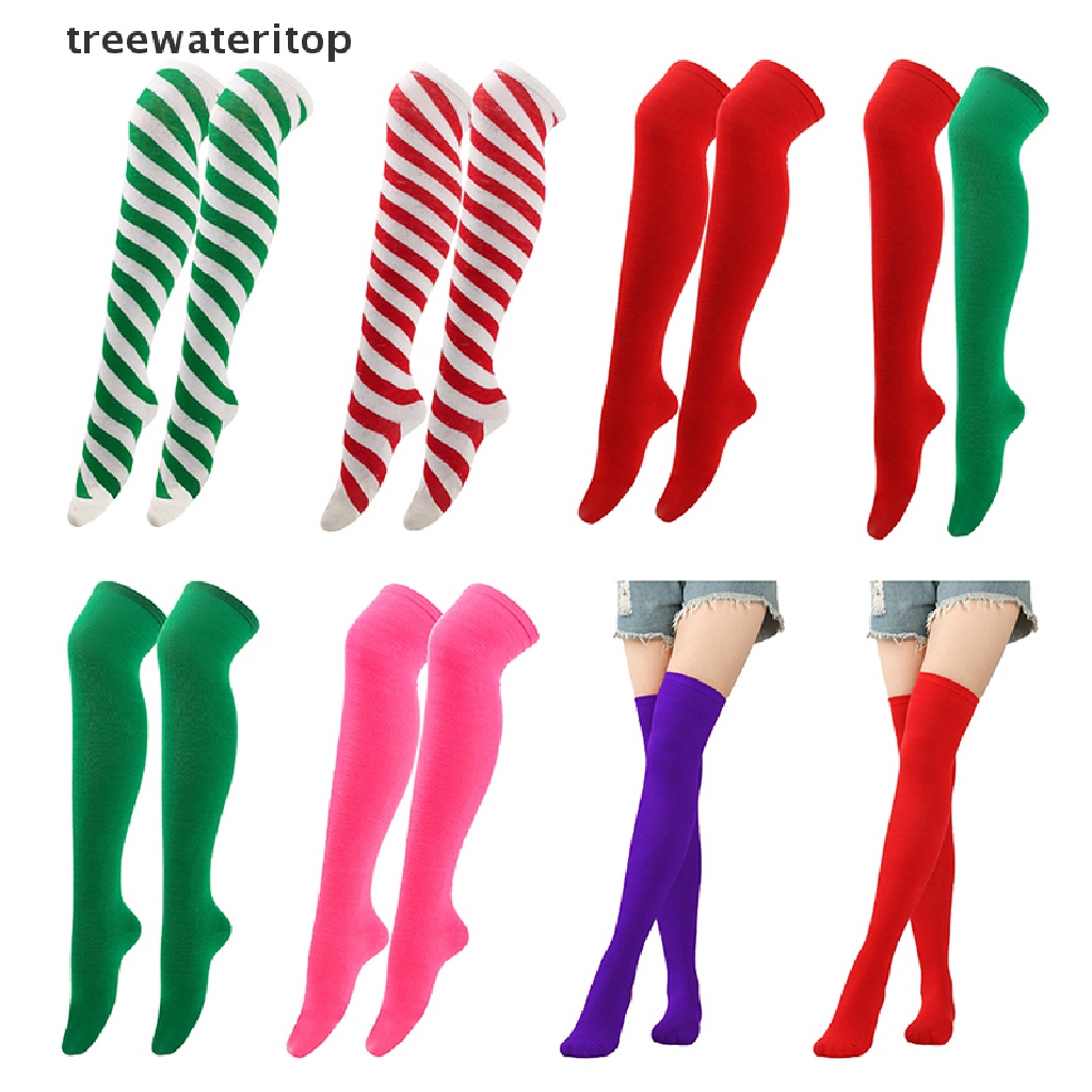 ritop Women Over Knee Socks Christmas Diagonal Striped Christmas Thigh ...