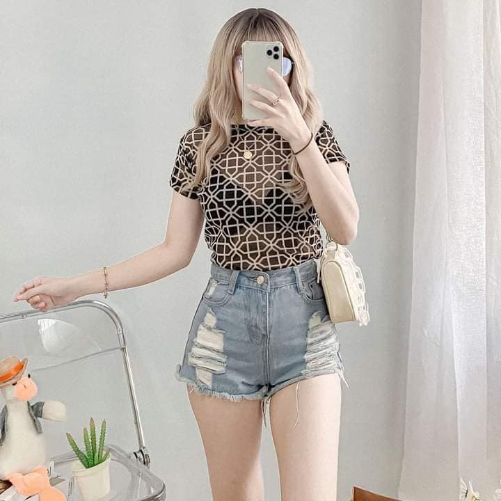 Printed Mesh Crop Top (Short/Long Sleeve) | Shopee Philippines