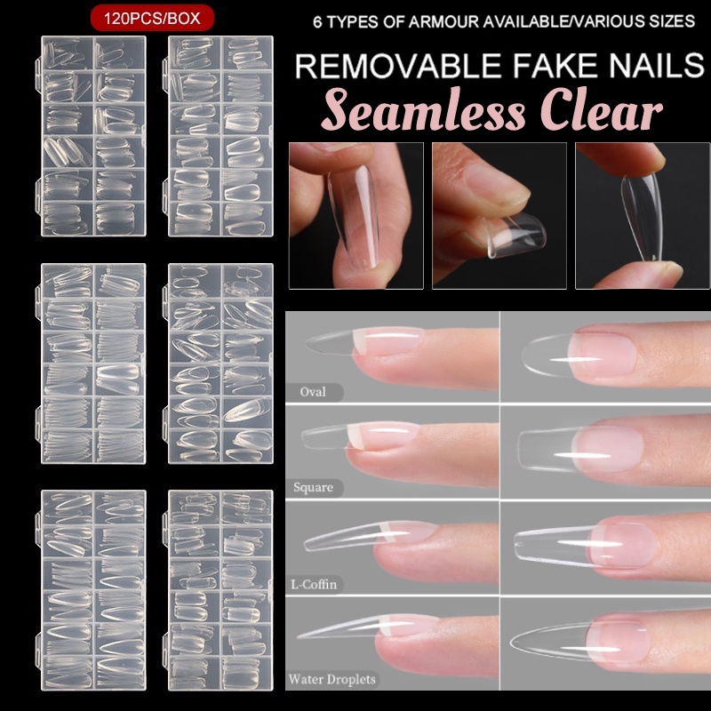120pcs 12 Sizes Seamless Clear False Nail Tip Full Cover Square Oval