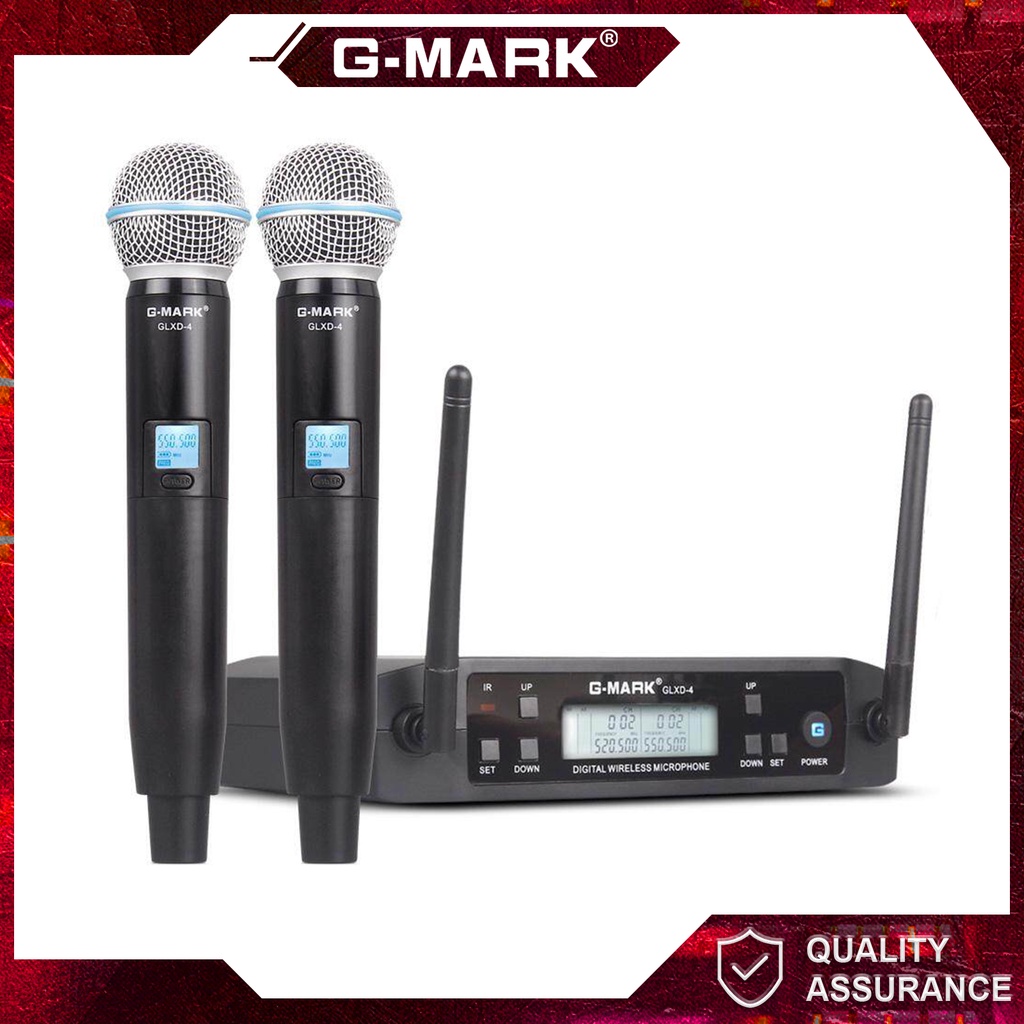 G-MARK GLXD4 Wireless Microphone Professional Dual Channel Frequency Adjustable For Karaoke DJ ...