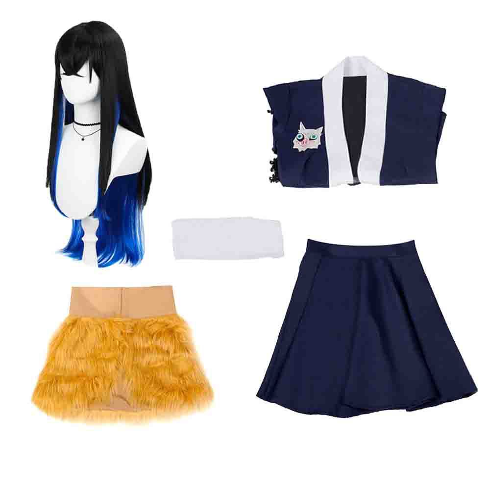 Anime Demon Slayer Hashibira Inosuke Cosplay Costume Dress Long Wig ...