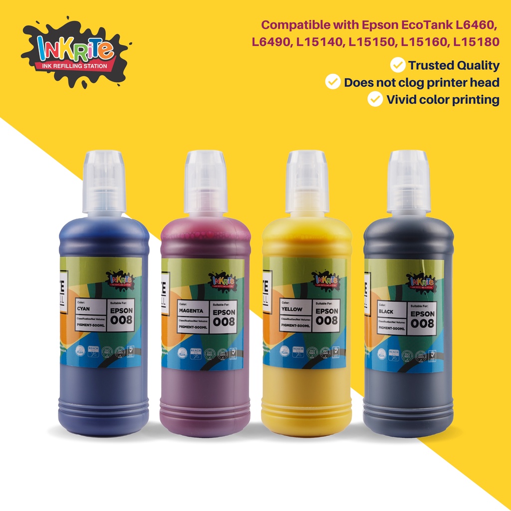 Inkrite Pigment Ink for Epson 008 Epson EcoTank L6460, L6490, L15140 ...