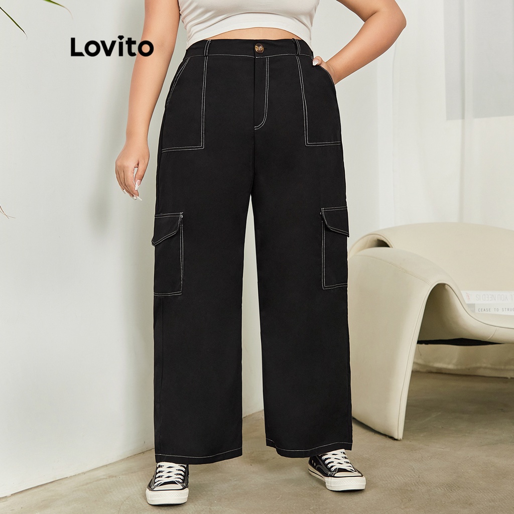 Lovito Plus Size Curve Casual Plain Pocket Women Pants LPS03059 (Black ... Lovito Plus Size Curve Casual Plain Pocket Women Pants LPS03059 (Black ...