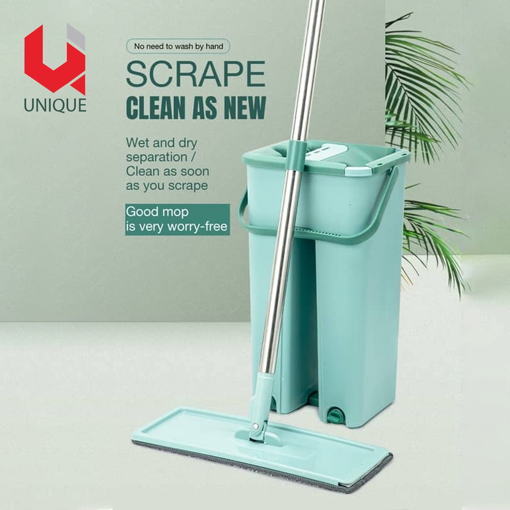 Floor cleaning flat mop with bucket microfiber pad mop squeegee hand ...