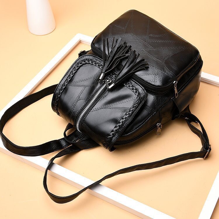 PLAIN black PU leather backpack small bags outdoor casual Korean ...