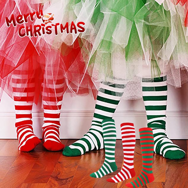 Kids Women Long Striped Knee Socks Christmas Elf Socks Thigh Stocking ...