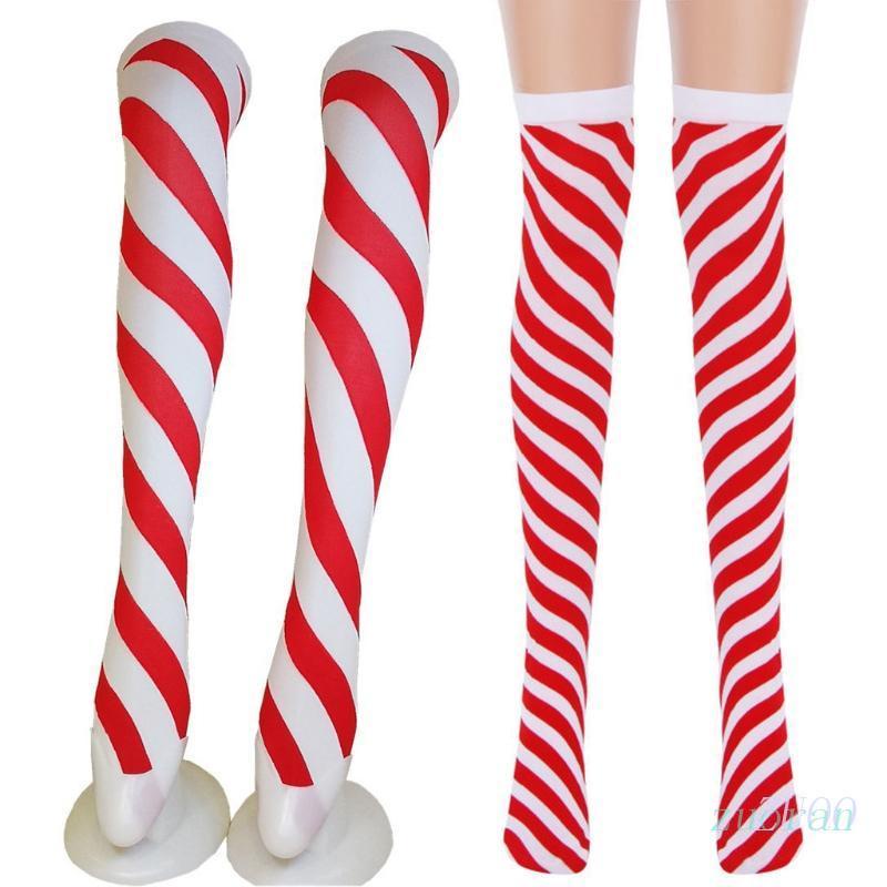 zuo Women Christmas Candy Cane Thigh High Socks Red White Striped Over ...