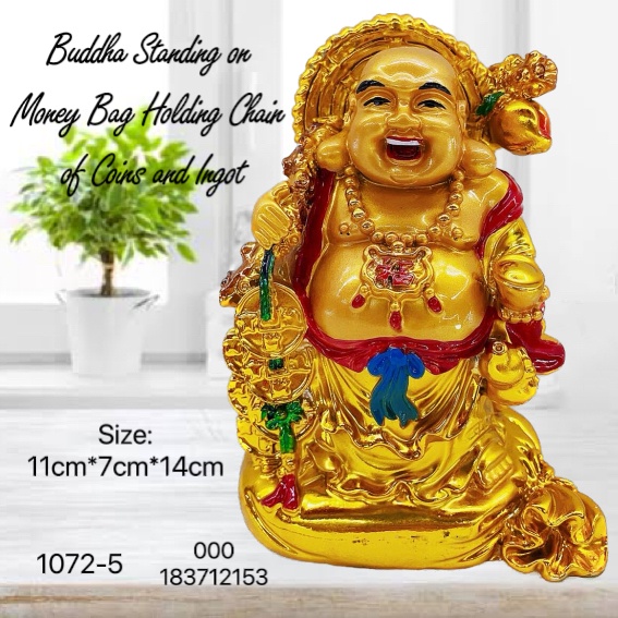 Fengshui Money Buddha Standing on Money Bag Holding Chain of Coins and ...