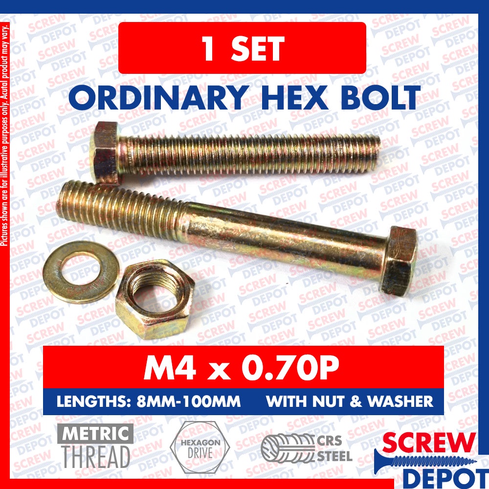 10 SETS ( M4 ) 4mm Plated Hex Bolt / Ordinary Hexagonal Bolt / Yellow ...