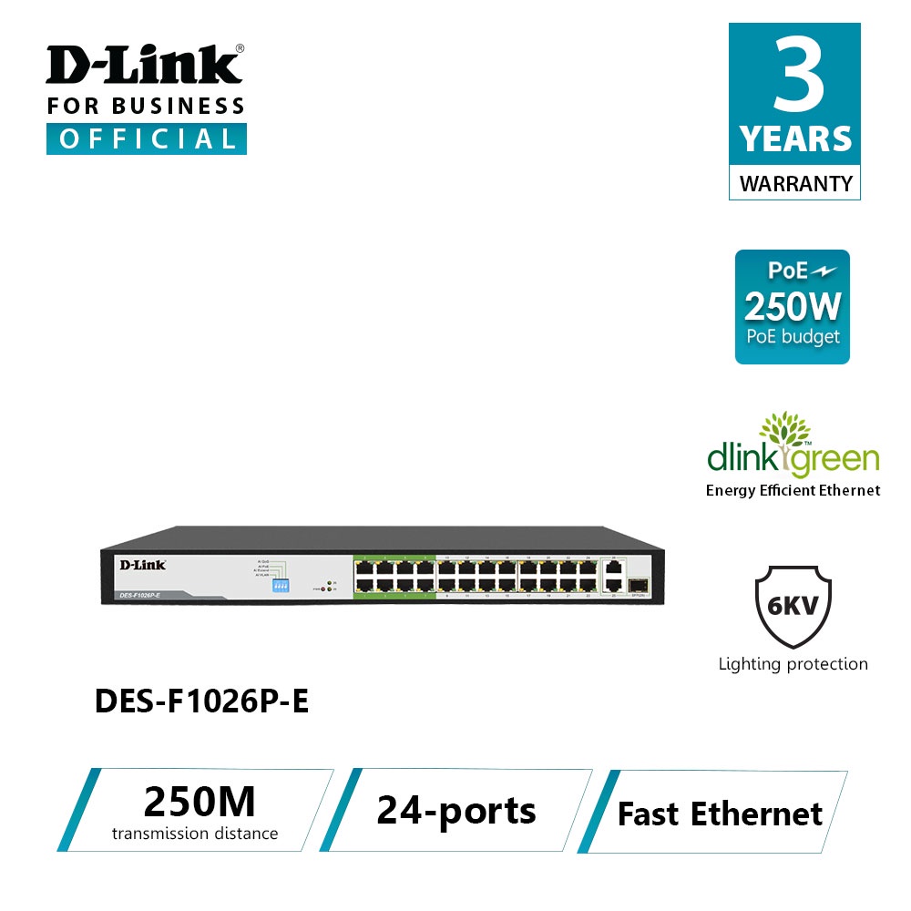 D-Link DES-F1026P-E 26-Port PoE Switch with 24 PoE Ports (8 Long Reach ...