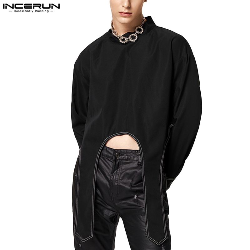 INCERUN Men's Vintage Fashion Long Sleeved Irregular Hem Solid Black ...