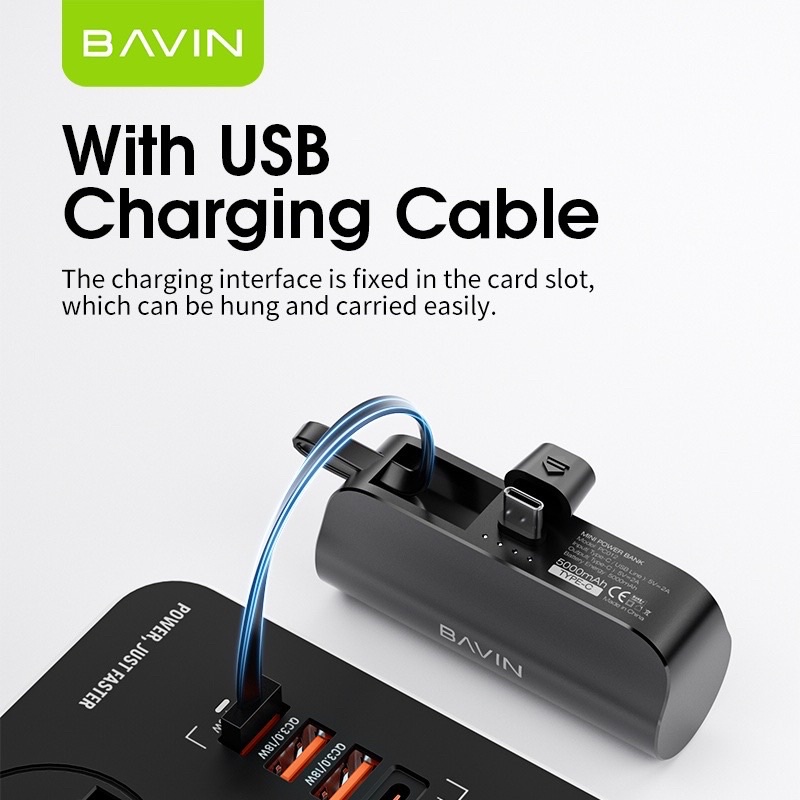 Bavin 5000mAh Lipstick Mini Quick Charge Power Bank with Built-in Charging Cable and Connector ...