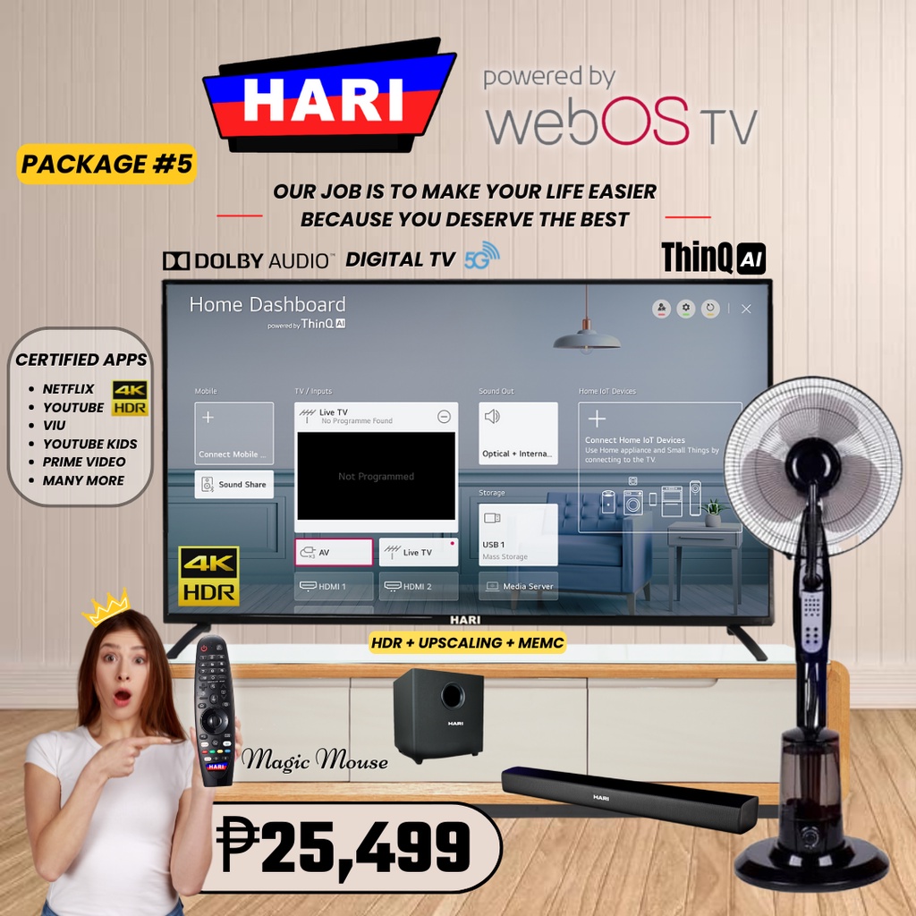 HARI TV 50inch Powered by WebOS ThinQ AI W/ HARI 2in1 Mist FAN Snow ...