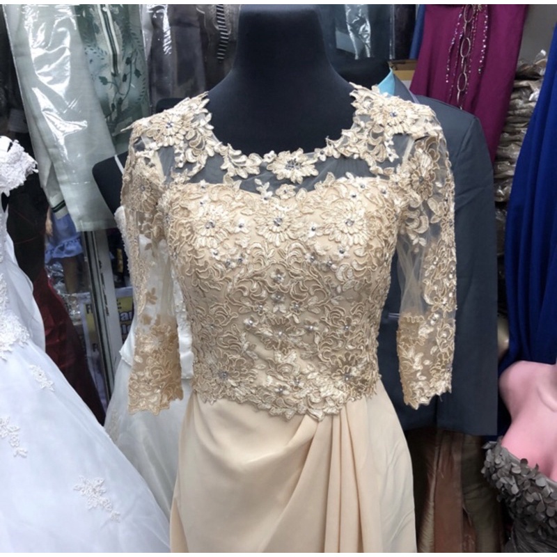 Mother Dress Beige Gown With Lace | Shopee Philippines