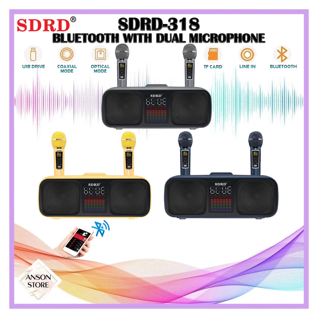 New!!!! SDRD 318 Wireless Bluetooth Dual Microphone Karaoke Portable Stereo Speaker mic ...
