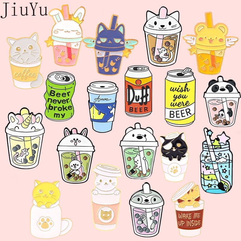 Creative Milk Tea Cup Series Brooch Pins Cute Beer Cans Enamel Badges ...