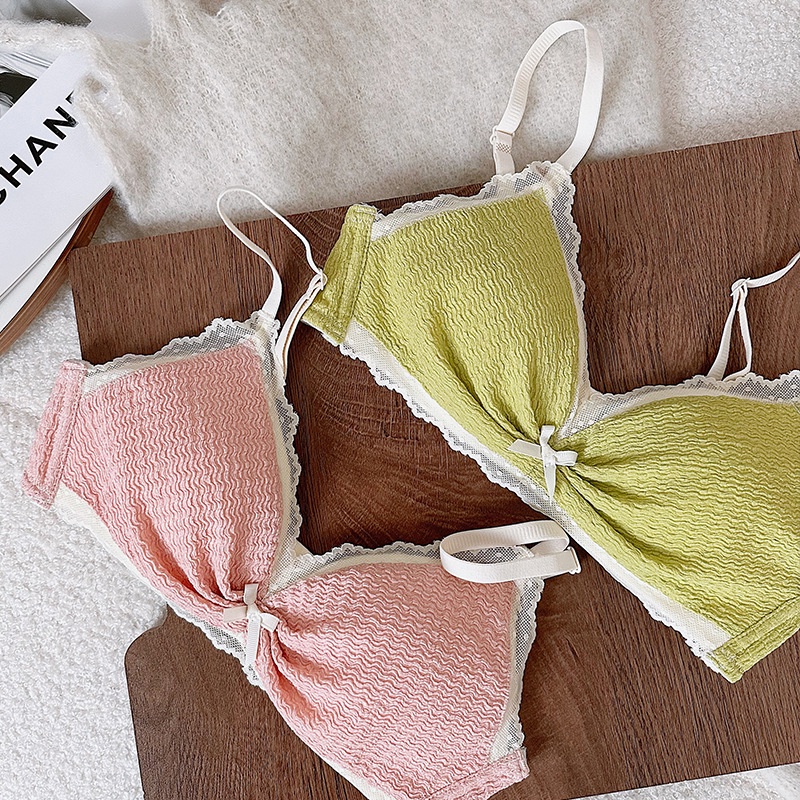 Ultra-thin French lace lingerie triangle cup bra small chest gathered ...