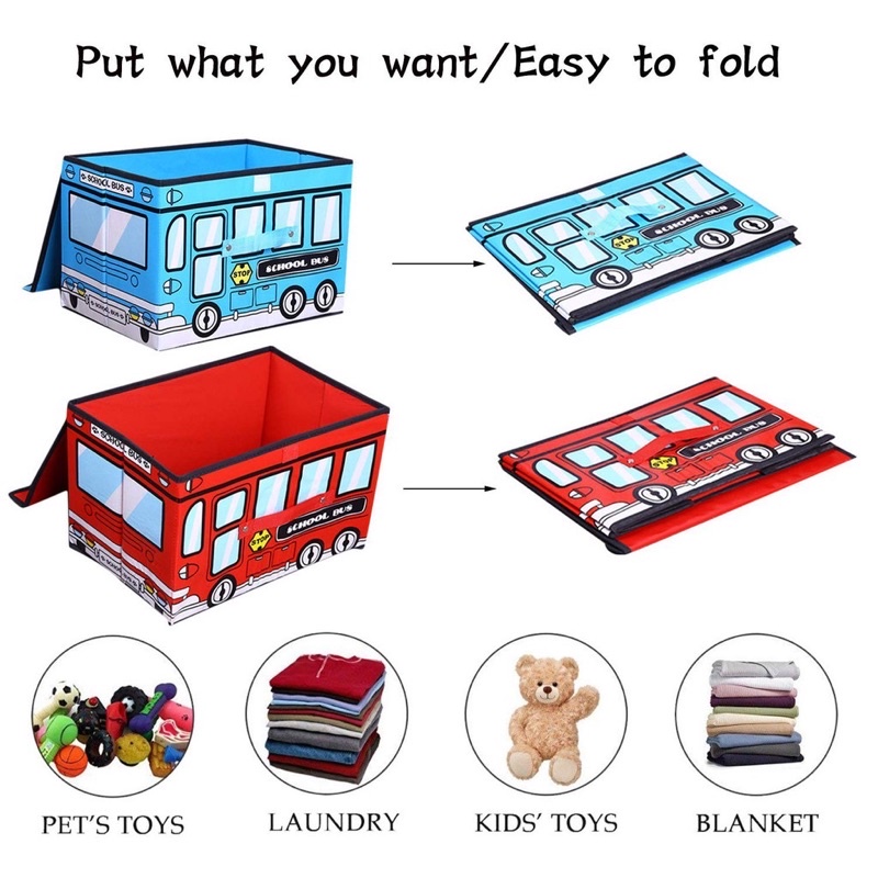 School Bus Storage Box Organizer With Lid Collapsible Foldable Cartoon ...