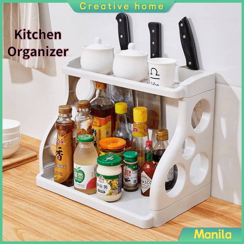 P002 COD Double Layer Kitchen Organizer Shelf Seasoning Floor Knives ...