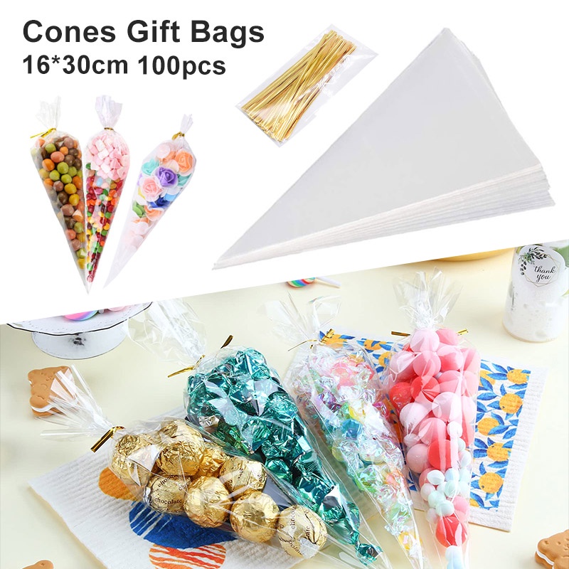 100 PCS Cone Bag Transparent Cello Bags Treat Bags Triangle Candy Bags ...