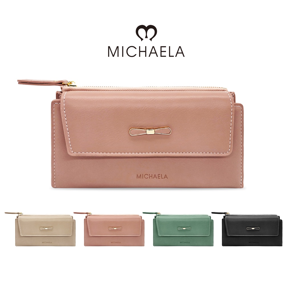MICHAELA Elegant Long Wallet with Bow 16 Card Holders 2 Photo Windows 1 ...
