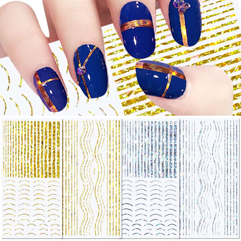 Gold Silver Lines Nail Stripe 3D Nail Sticker Geometric Waved Self ...