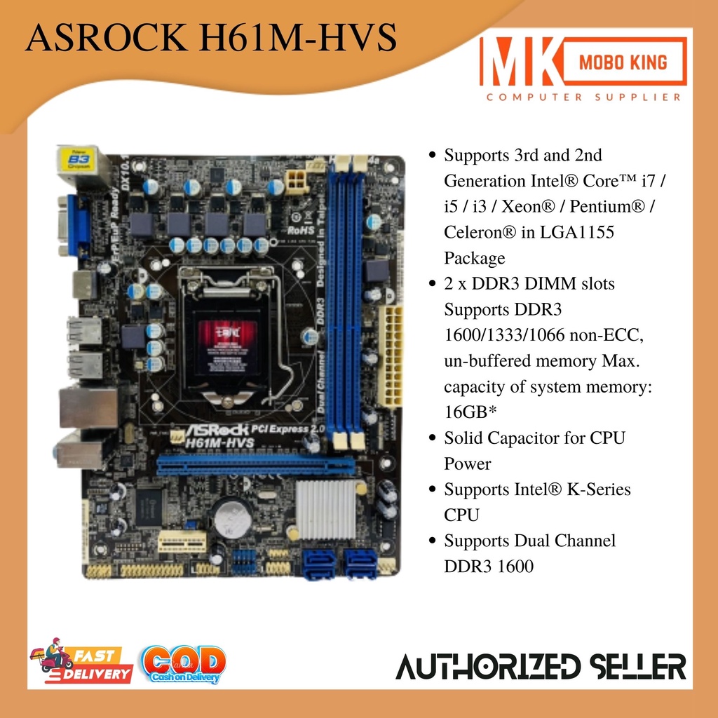 ASROCK H61M-HVS Desktop 3RD GEN Motherboard H61 Socket LGA 1155 i3 i5 i7 DDR3 16GB | MoBoKing ...