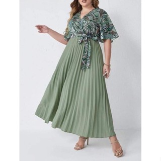 Womens Causal Formal Plus Size Floral Green Pleated Maxi V Neck Boho ...