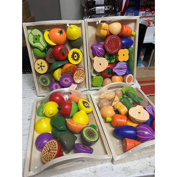 Wooden Vegetable and Fruit Cutting with Tray/wooden slicing toy for ...
