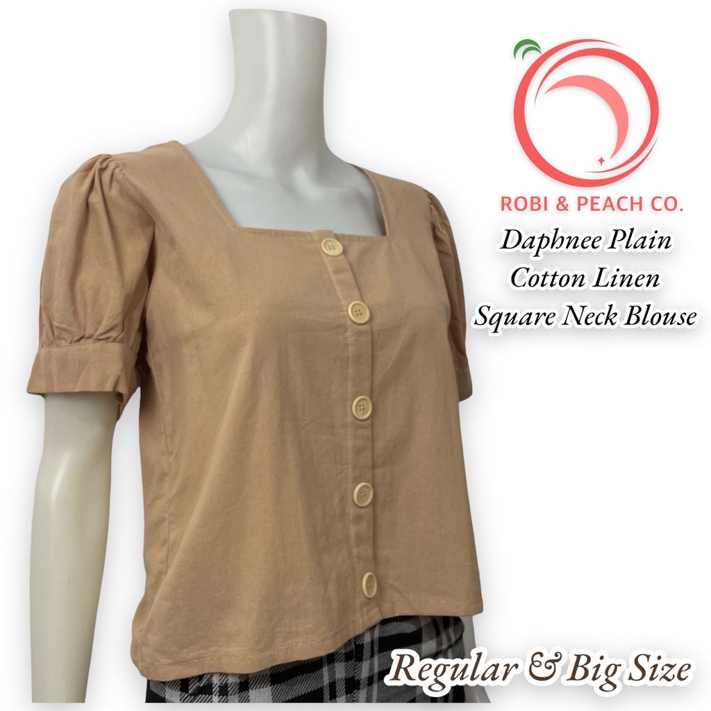 Robi & Peach: Daphnee#1 Plain Square Neck Button Cotton Linen Blouse ...