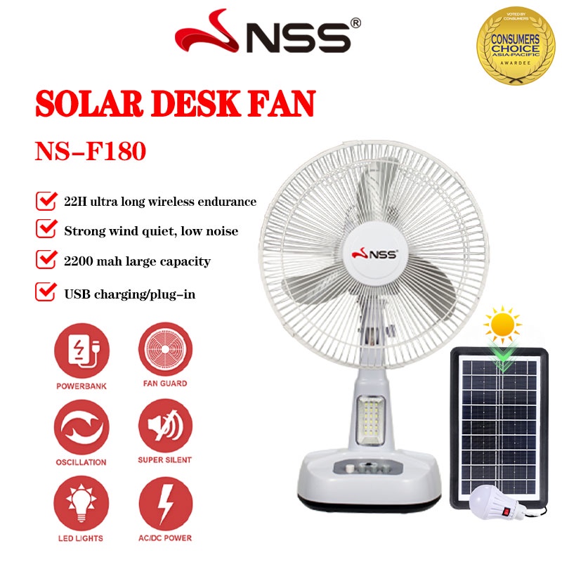 NSS Solar Fan Rechargeable Solar Fan 12 inch Desk Fan with LED Light ...