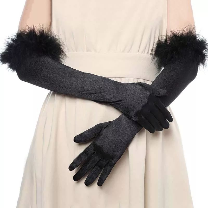 Satin Over Elbow Gloves Classic Women Fuzzy Feather Wedding Opera ...