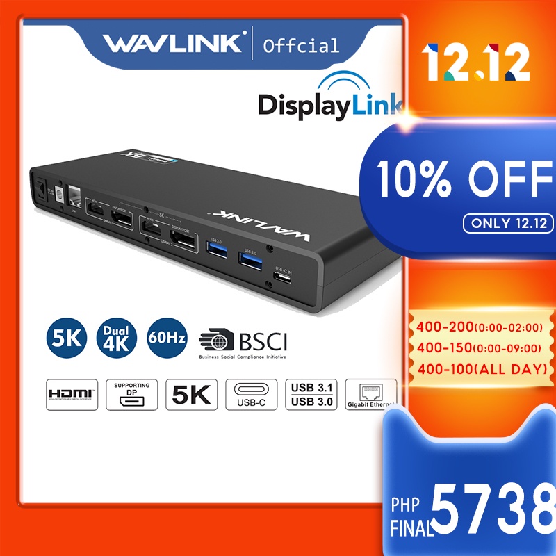 Wavlink Universal Docking DisplayLink Hub 5K dual 4K HDMI Display Port Output Monitors Station ...