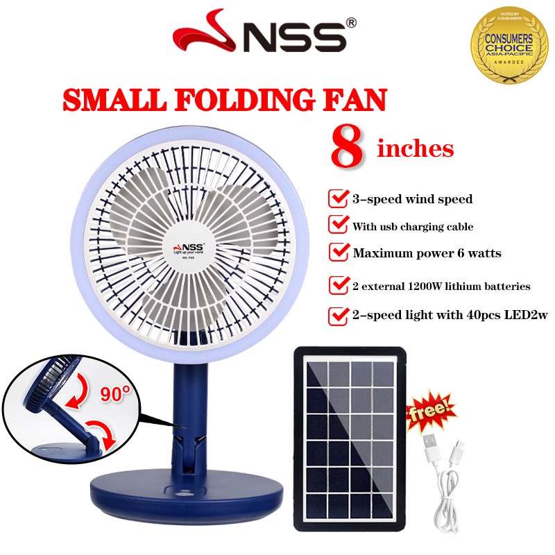 NSS Solar Fan with Panel Rechargeable Fan 8" folding fan with Light ...
