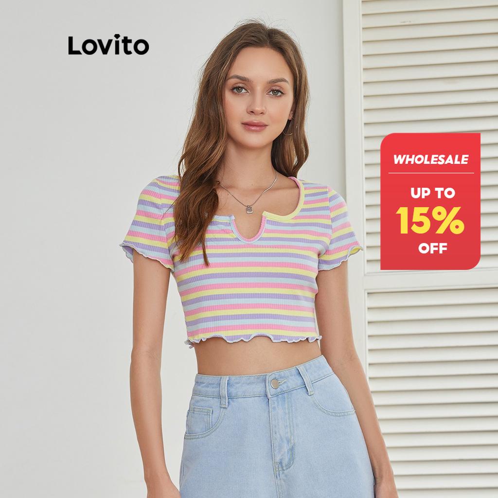 Lovito Casual Stripe Notched Neckline Crop Top T-Shirts L24AD043 (Multi ...