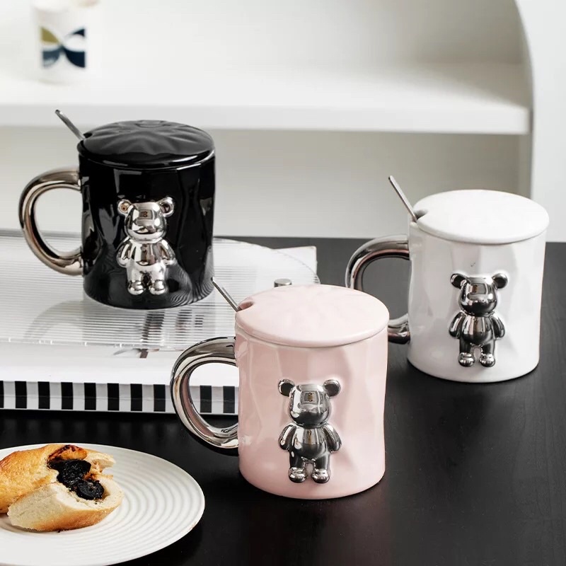 3D Kawaii Bear Mug Set with Lid and Spoon Cute Nordic Ceramic Mug Gift ...